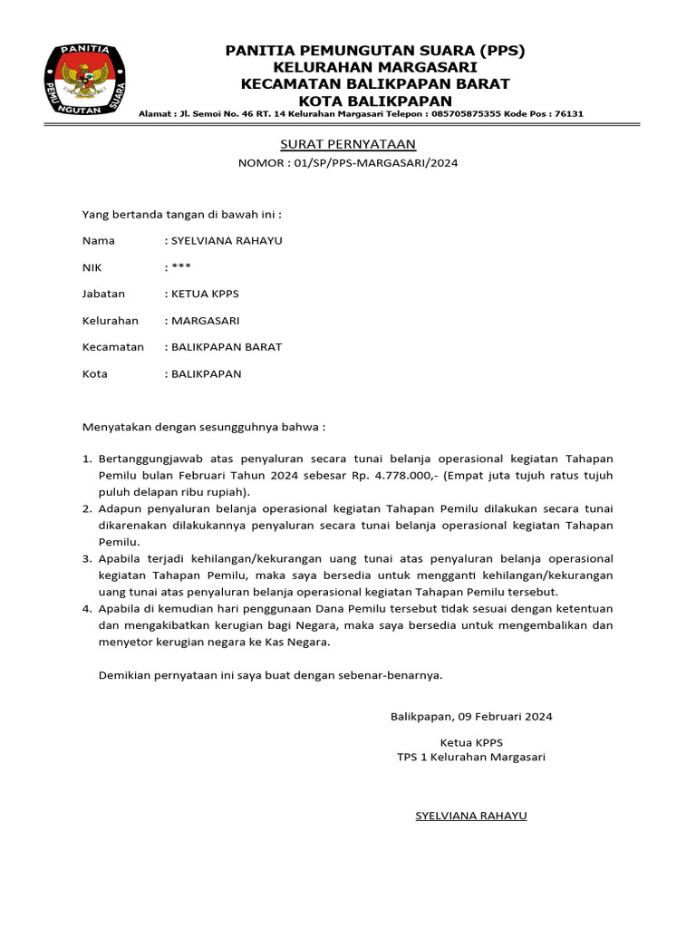 Surat Pernyataan Ketua KPPS | PDF