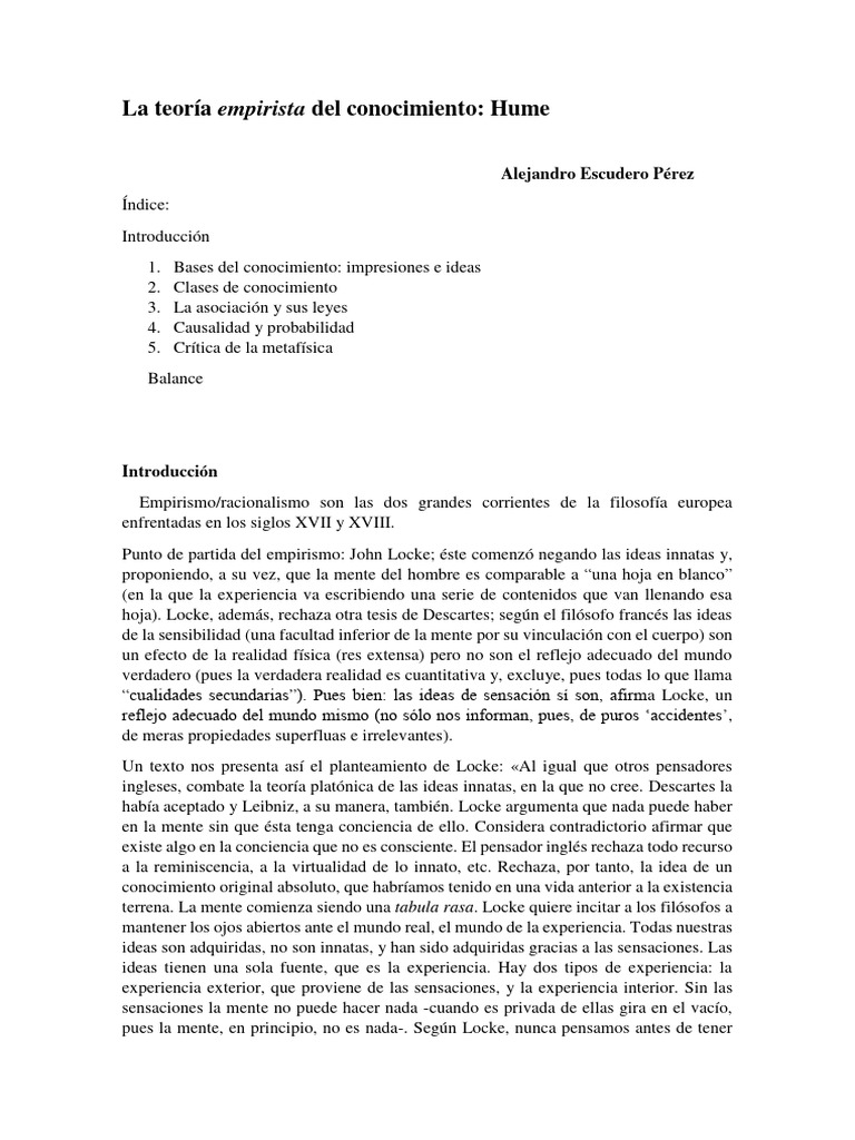 La Teoría Empirista Del Conocimiento Hume | Descargar gratis PDF | David Hume | Empirismo