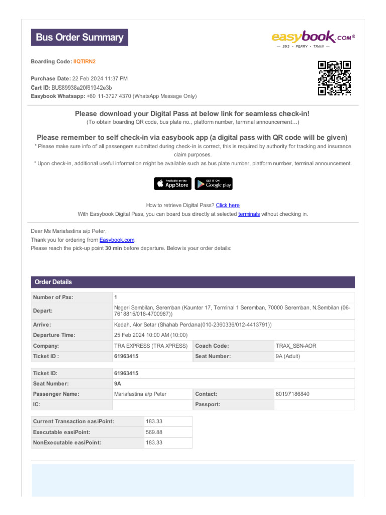 Easybook Bus Ticket Order Summary | PDF