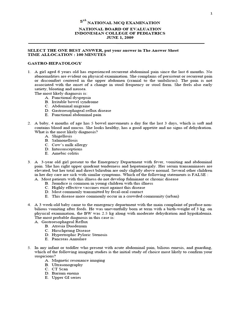 5th NATIONAL MCQ EXAMINATION (June 2009) | PDF | Congenital Heart ...