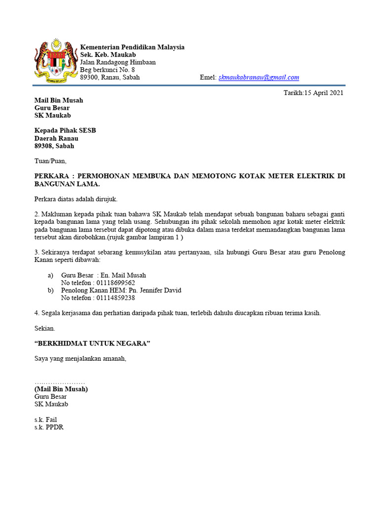 Contoh Surat Memohon Pemotongan Meter Elektrik | PDF