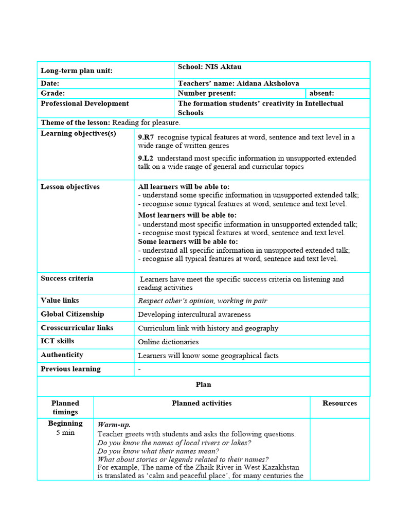 Creative Reading Lesson Plan for NIS | PDF | Learning | Cognition