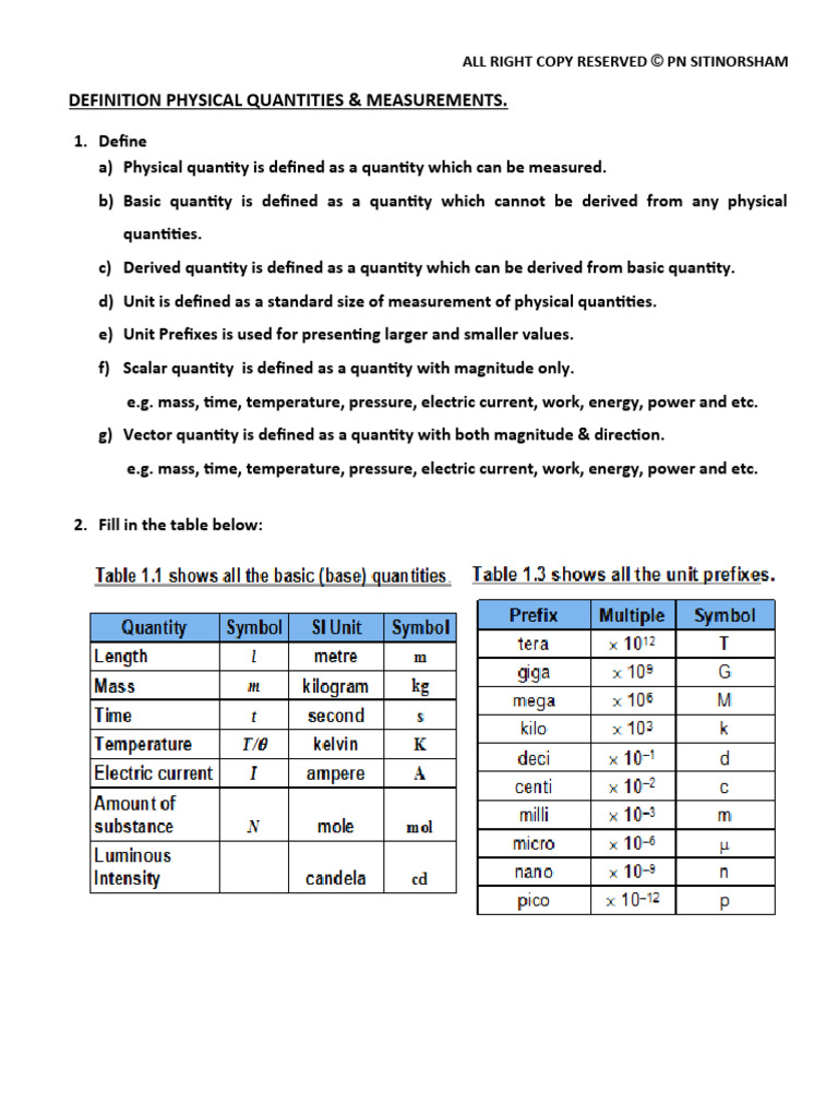 Short Notes Physical Quantities | PDF | Teaching Methods & Materials ...