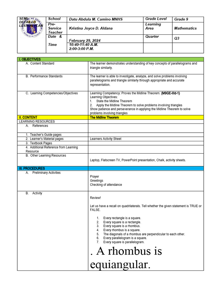 Math 9 Lesson Plans | PDF | Rectangle | Elementary Geometry