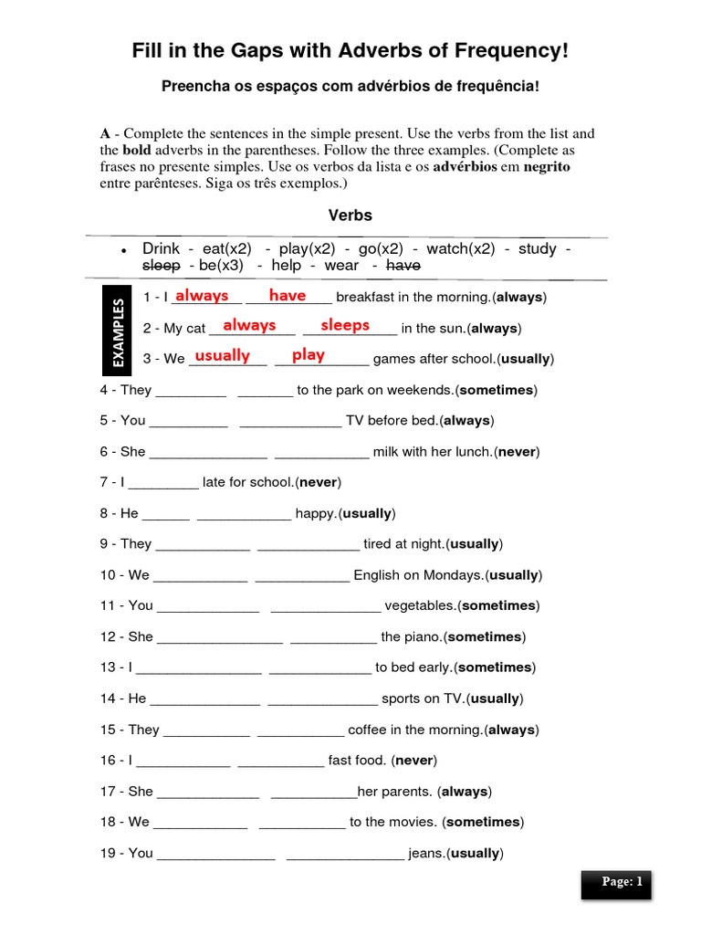 Adverbs of Frequency - STARTER - A1 - EXERCISES PDF | PDF | Adverb | Linguistic Morphology