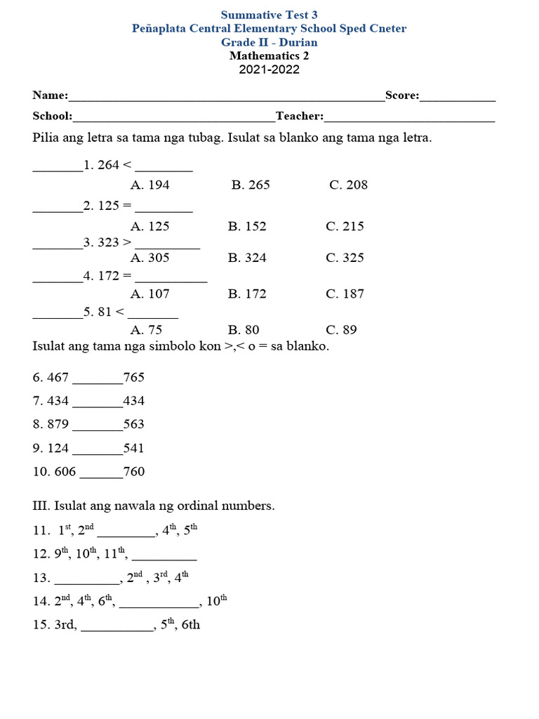 Grade 2 Math Test: Comparison & Ordinals | PDF | Finance & Money ...