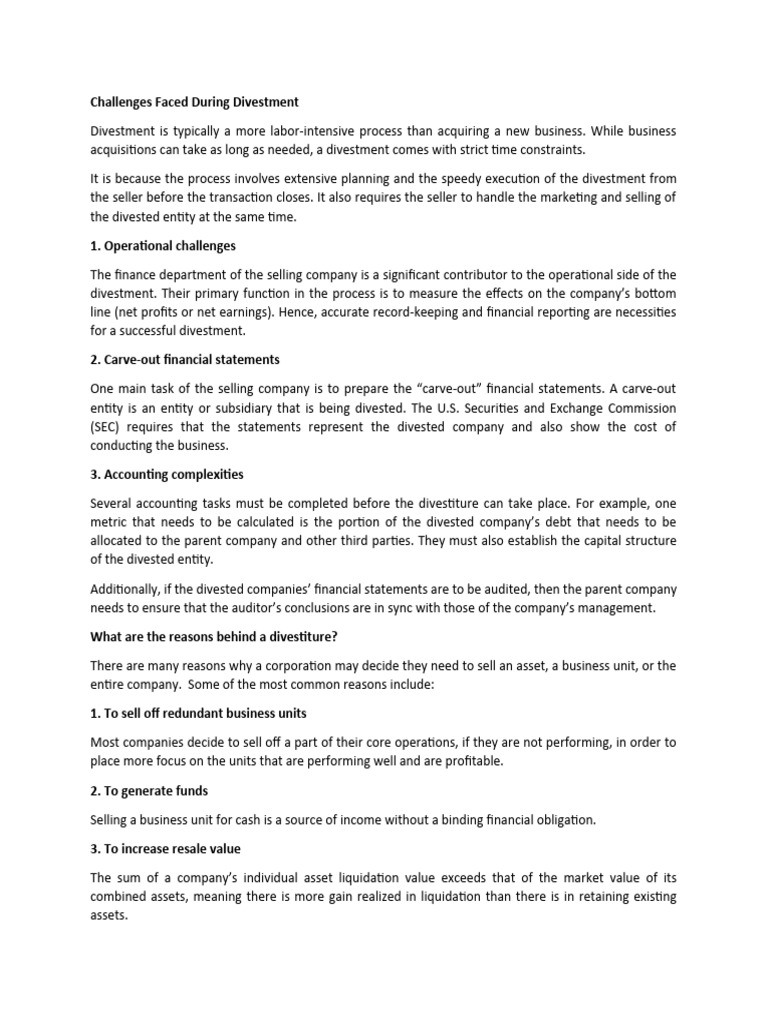 Challenges Faced During Divestment | PDF | Financial Statement | Divestment