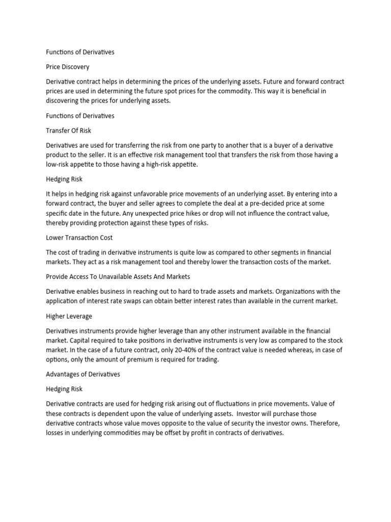 Functions of Derivatives | PDF | Derivative (Finance) | Financial Risk
