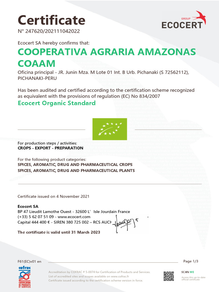 SA - Certificate EOS - ND (EN) - COAAM | PDF