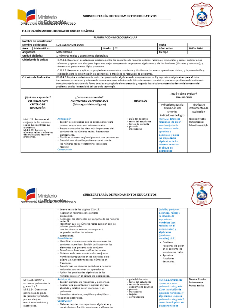 Planificacion Primer Trimestre Uees Decimo 10 | PDF | Números | Número Real
