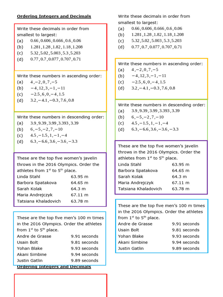 Ordering Integers and Decimals Worksheet | PDF | Track And Field ...