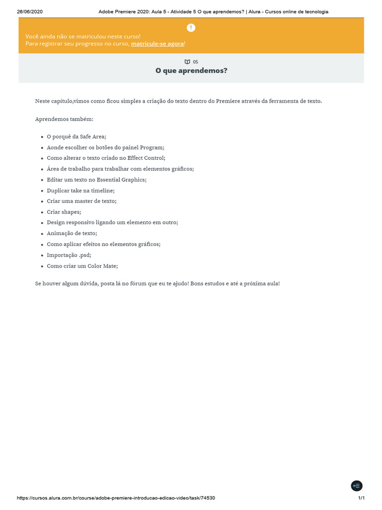 Adobe Premiere 2020 - Aula 5 - Atividade 5 O Que Aprendemos - Alura ... Adobe Premiere 2020 - Aula 5 - Atividade 5 O Que Aprendemos - Alura ...