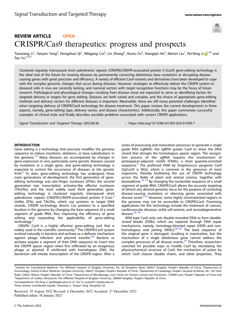 CRISPR/Cas9 Therapeutics: Progress and Prospects: Signal Transduction ...