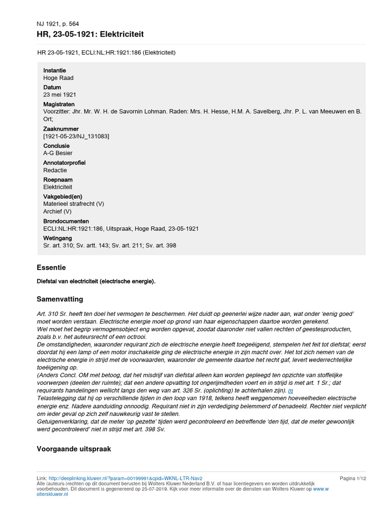 Electriciteitsarrest NJ 1921, P. 564 HR, 23-05-1921 Elektriciteit | PDF