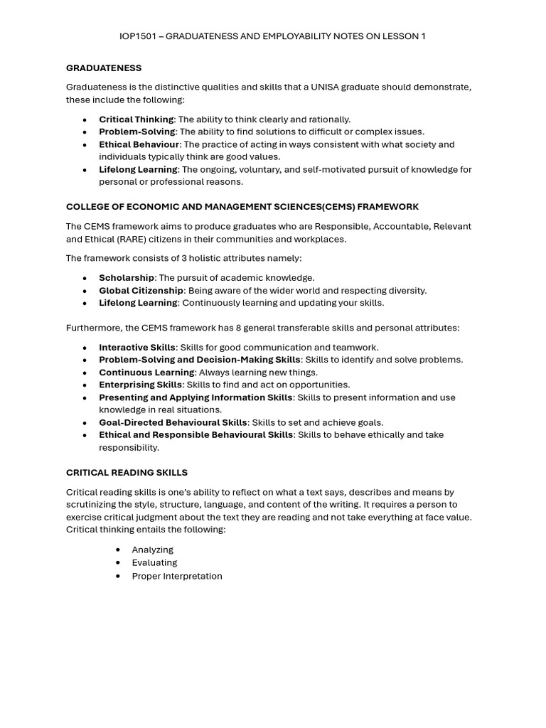 IOP1501 Graduateness and Employability Guide | PDF | Central Nervous ...