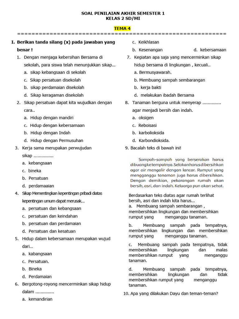 Soal PAS Kelas 2 Sem 1 Tema 4 - Reupload Kamimadrasah | PDF | Griya & Taman | Seni