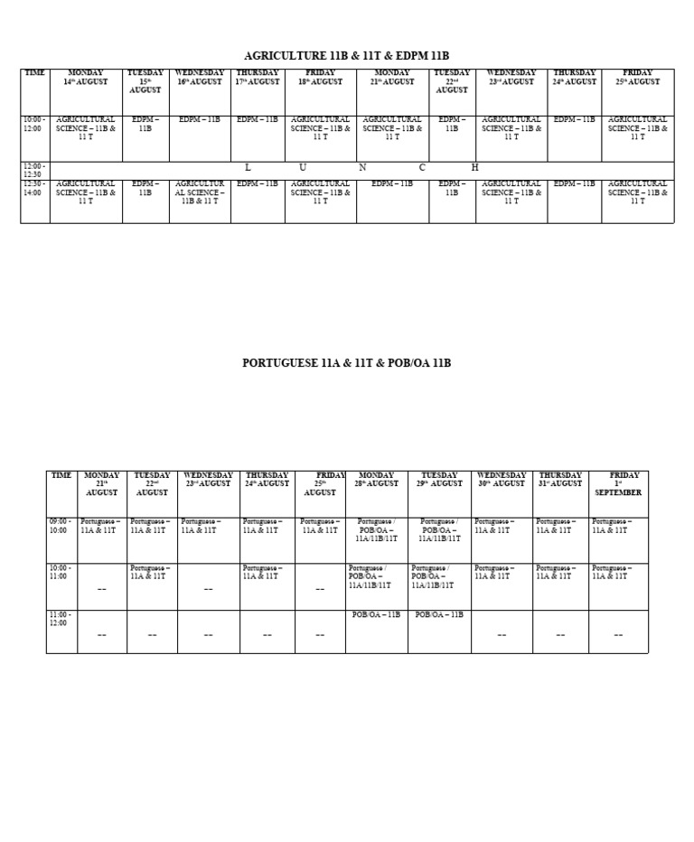 Grade 11 August Timetable | PDF