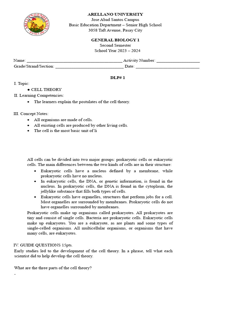 DLP-1-GEN-BIO-CELL-THEORY | PDF | Cell (Biology) | Prokaryote