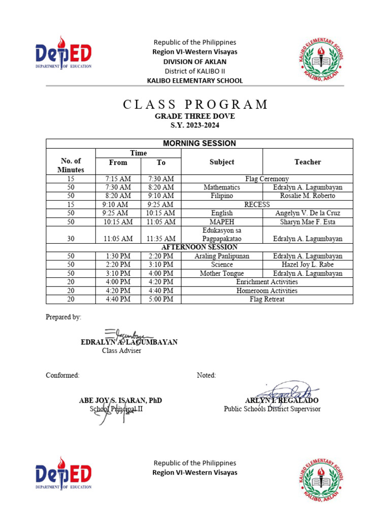 Class-Program_DOVE_SY2023-2024 | PDF | Educational Organizations | Schools