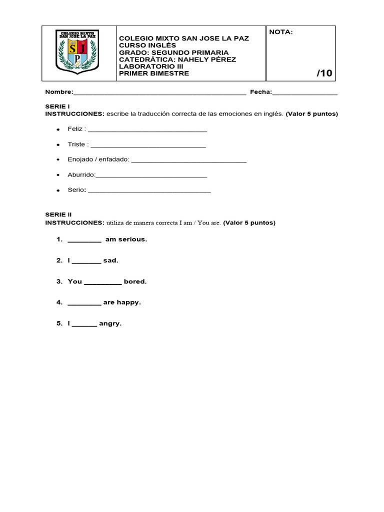 Actividades de Inglés para Segundo Grado | PDF