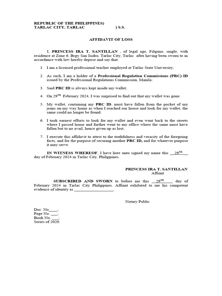 Sample Affidavit of Loss PRC ID | PDF | Affidavit | Government