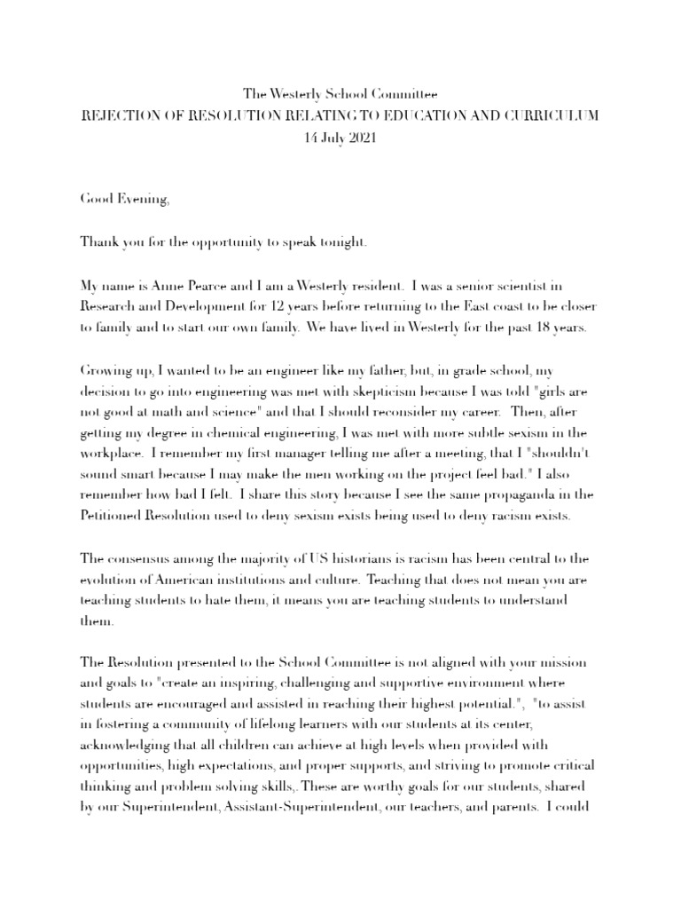 Oppostion To Resolution Relatiing To Education and Curriculum | PDF ...