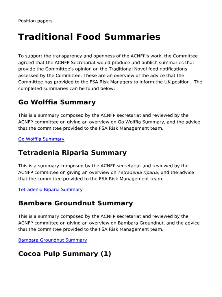 Traditional Food Summaries | PDF | Theobroma | Food Ingredients