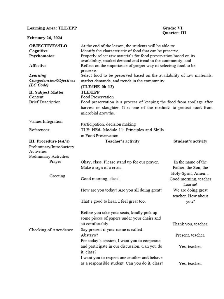 Food Preservation Lesson Plan for Grade 6 | PDF | Wellness
