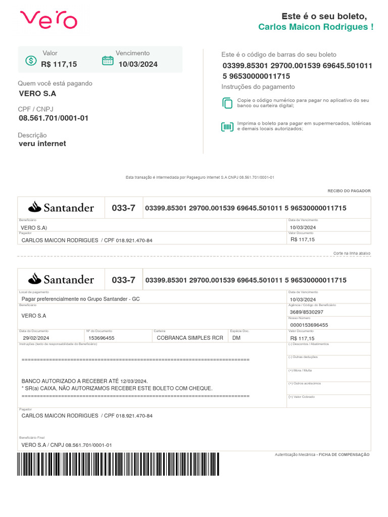 Fatura Vero S.A | Download grátis PDF | Tecnologia bancária | Bancos