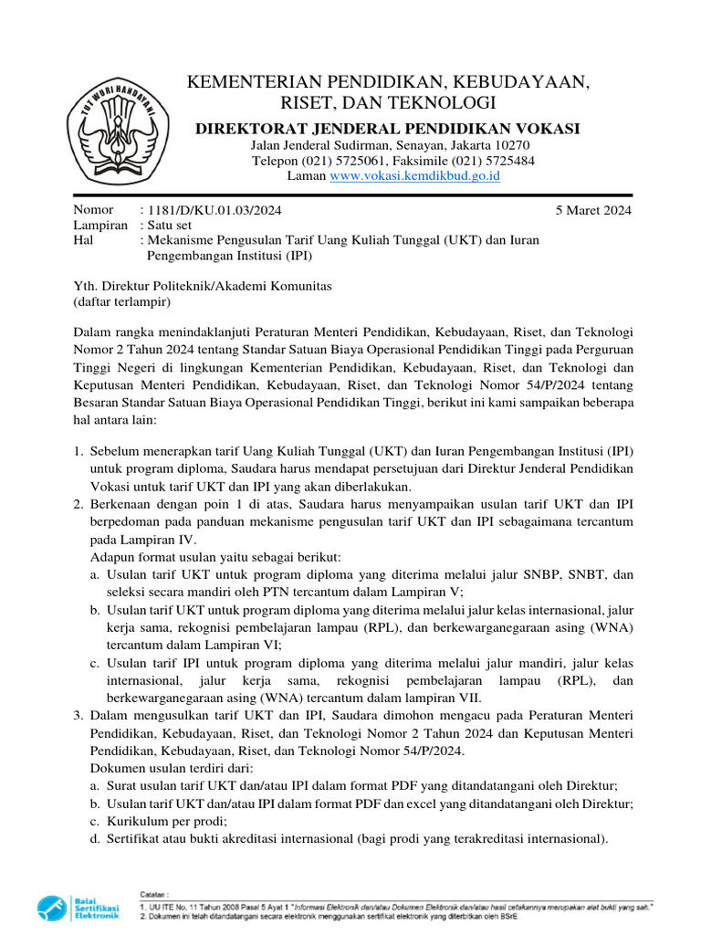 Surat Mekanisme Pengusulan Tarif UKT dan IPI | PDF