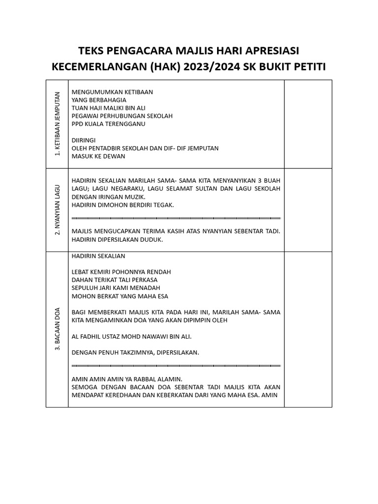 Teks Pengacara Majlis Hari Apresiasi Kecemerlangan | PDF Teks Pengacara Majlis Hari Apresiasi Kecemerlangan | PDF