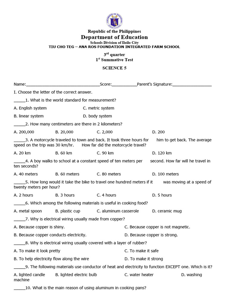 3RD Summative Test No. 1 Science 5 | PDF | Electrical Conductor | Water