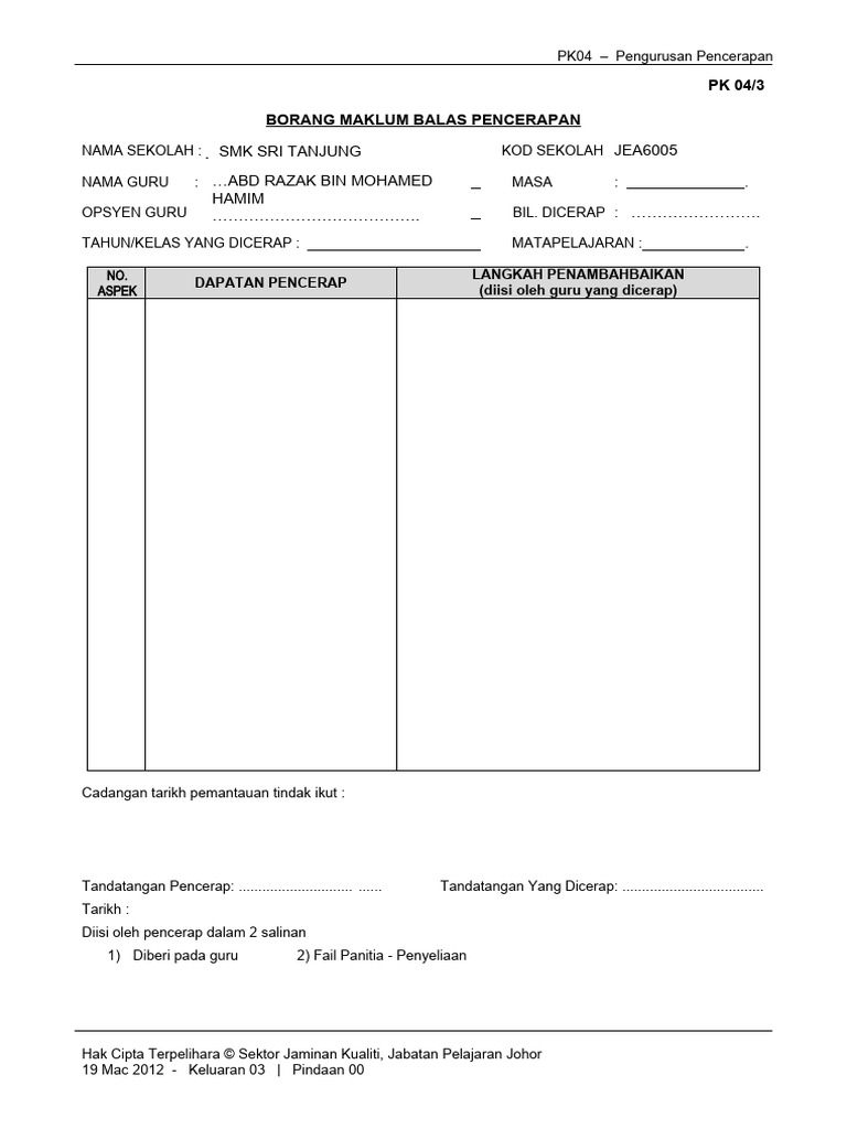 Borang Maklum Balas Pencerapan Abd Razak | PDF
