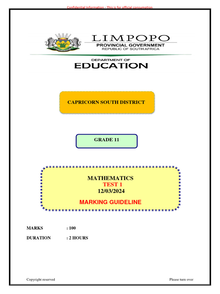 2024 - Maths - Grade - 11 Test 1 Memorandum Capricorn South Term 1 ...