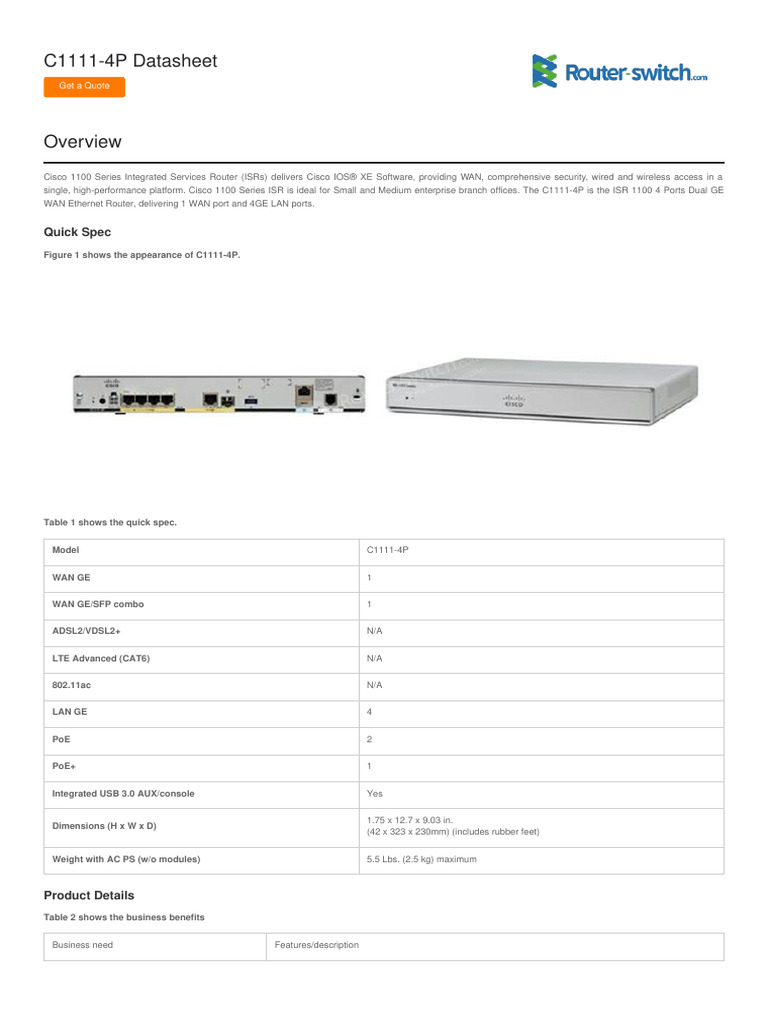c1111-4p-datasheet | PDF | Computer Network | Router (Computing)