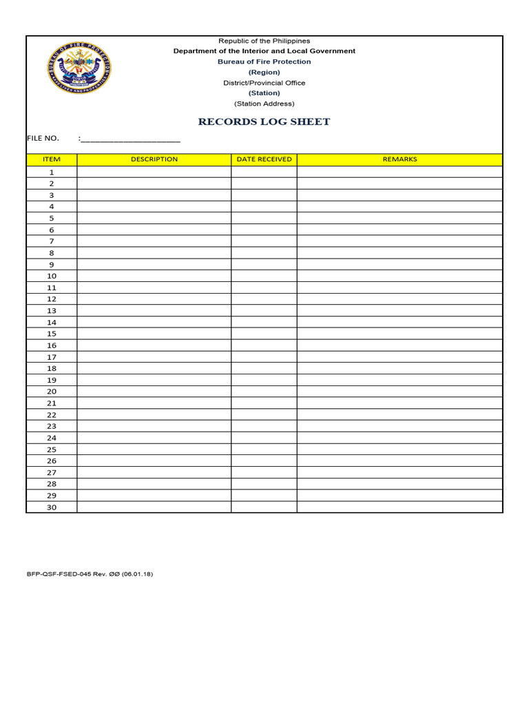 FSED 045 Records Log Sheet | PDF