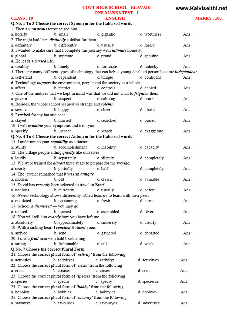 Class 10 English One Mark Test | PDF