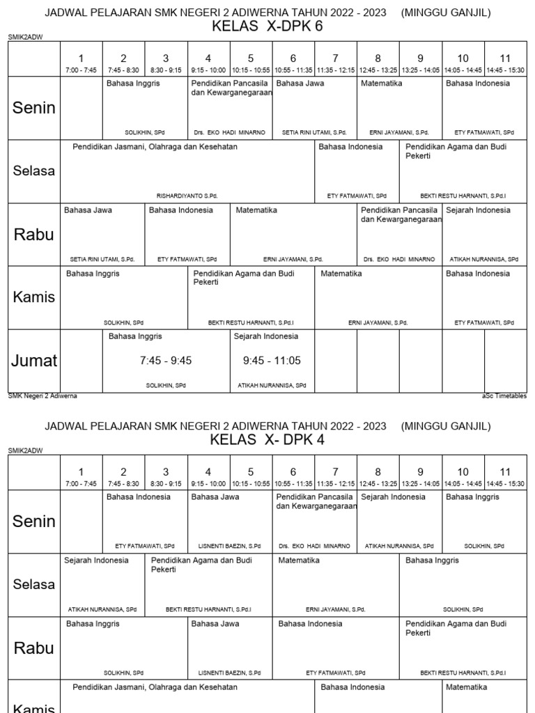 Jadwal Kelas Minggu Ganjil SMKN 2 Adiwerna 2023-2024 | PDF
