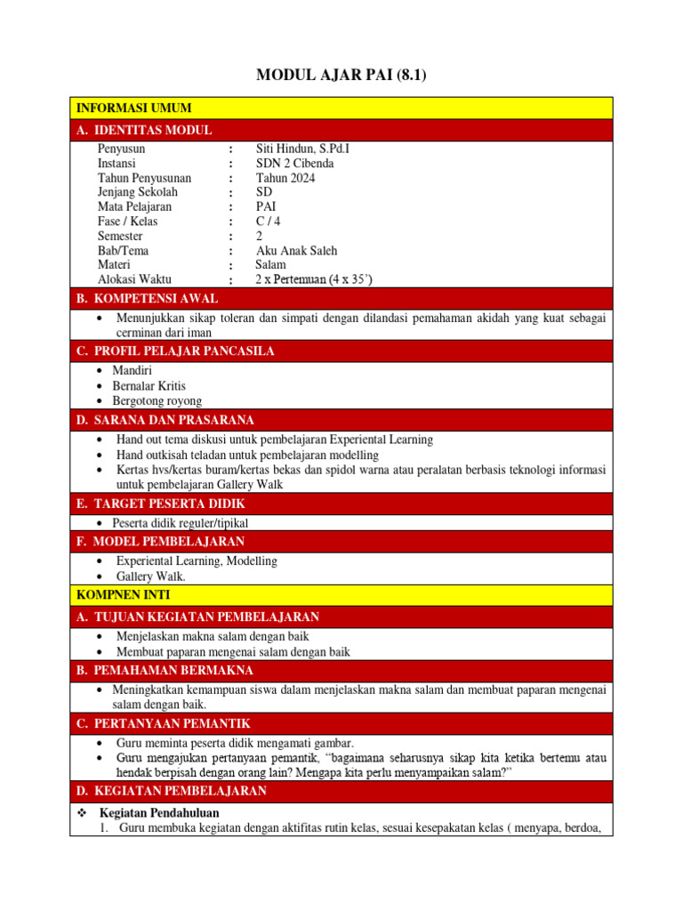 Modul Ajar PAI: Sikap Menyampaikan Salam | PDF | Karier & Perkembangan