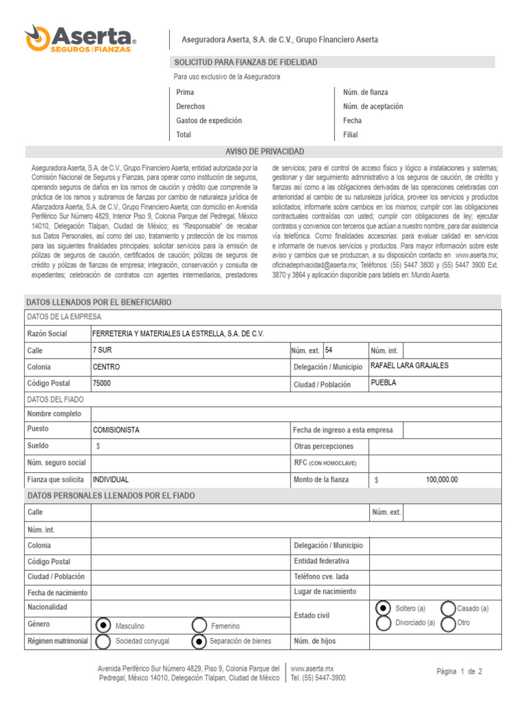 Solicitud para Fianzas de Fidelidad Aserta | PDF | Seguro | Póliza de ...