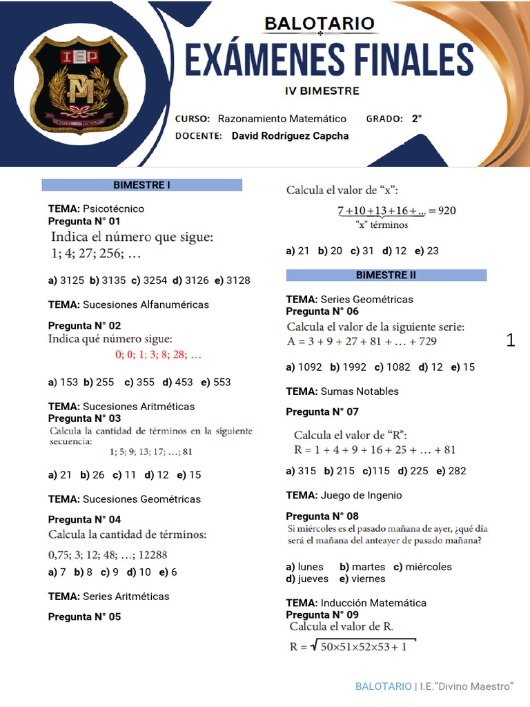 Raz Mat Examen Final 2° | PDF | Matemáticas | Ecuaciones