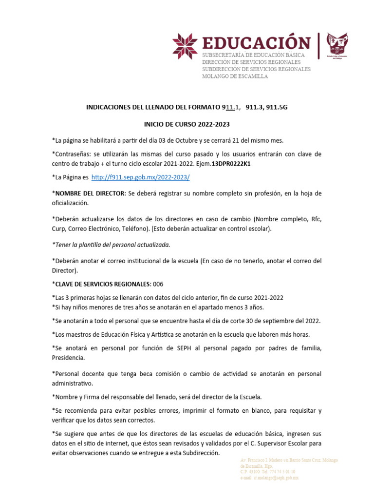 Instrucciones Formato 911 Inicio Curso 2022-2023 | PDF