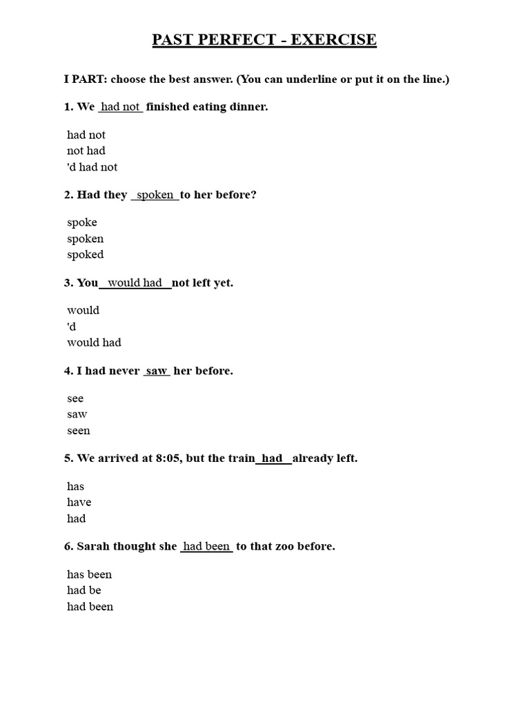 Past Perfect Practice for Learners | PDF | Language Arts & Discipline | Art