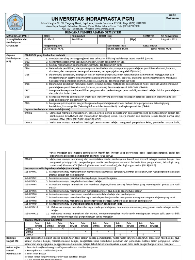 RPS MBKM MK Strategi Belajar Dan Pembelajaran | PDF