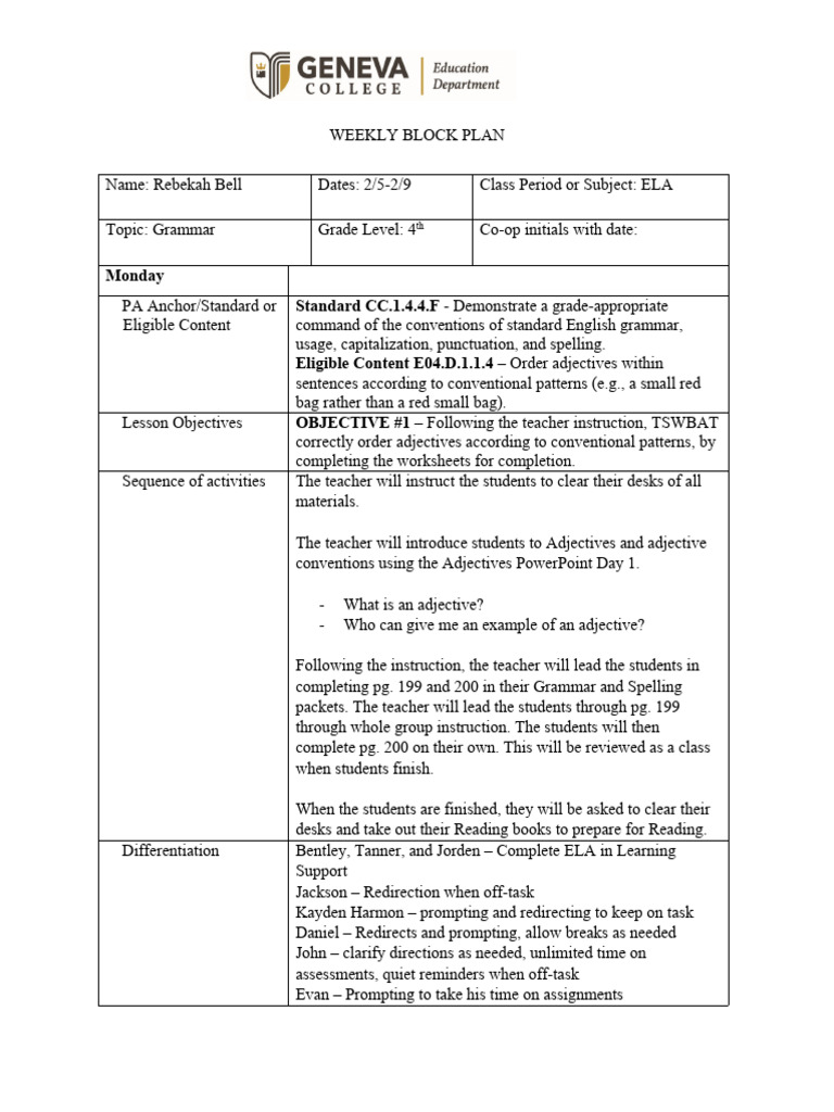 Grammar Week 3 Lesson Plan | PDF | English Language | Grammar