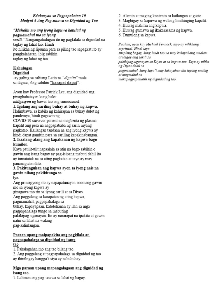 Modyul 4 Ang Pag Unawa Sa Dignidad Ng Tao Pdf