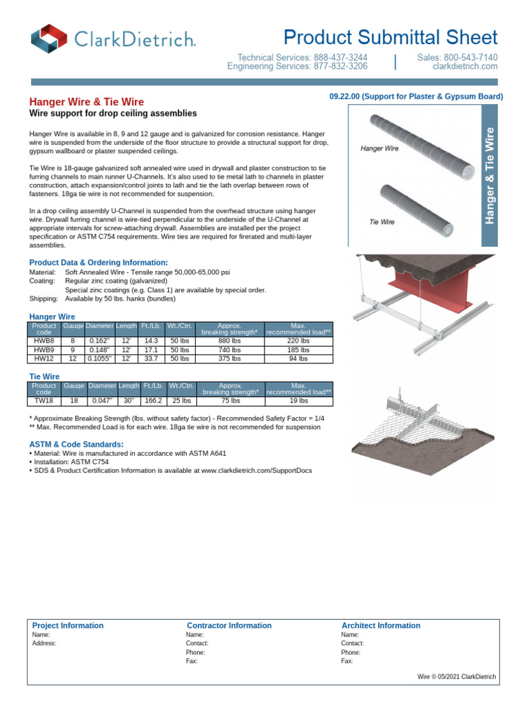 Hanger Wire and Tie Wire Submittal Sheet 2007994 | PDF | Drywall ...