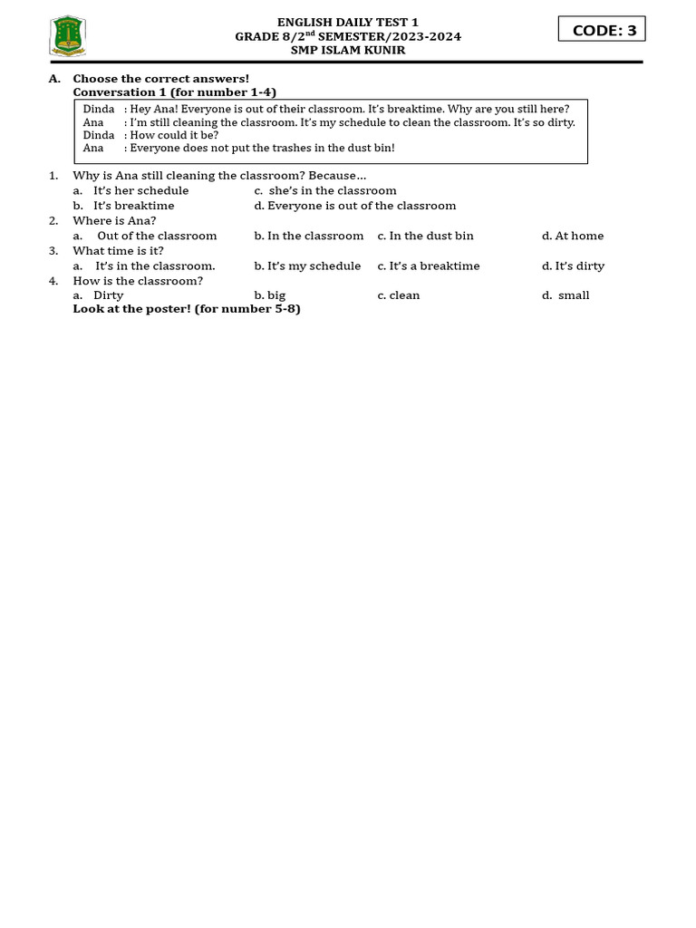 English Daily Test 1 Chapter 3 Code 3 | PDF