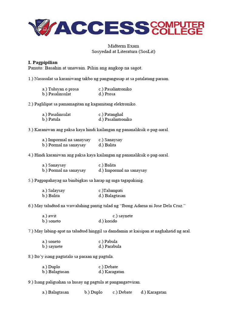 Midterm Exam in SosLit | PDF