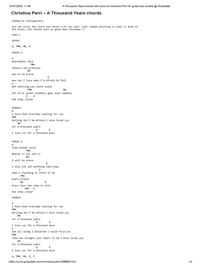 A Thousand Year Guitar Chords Christina Perri A THOUSAND YEARS Guitar